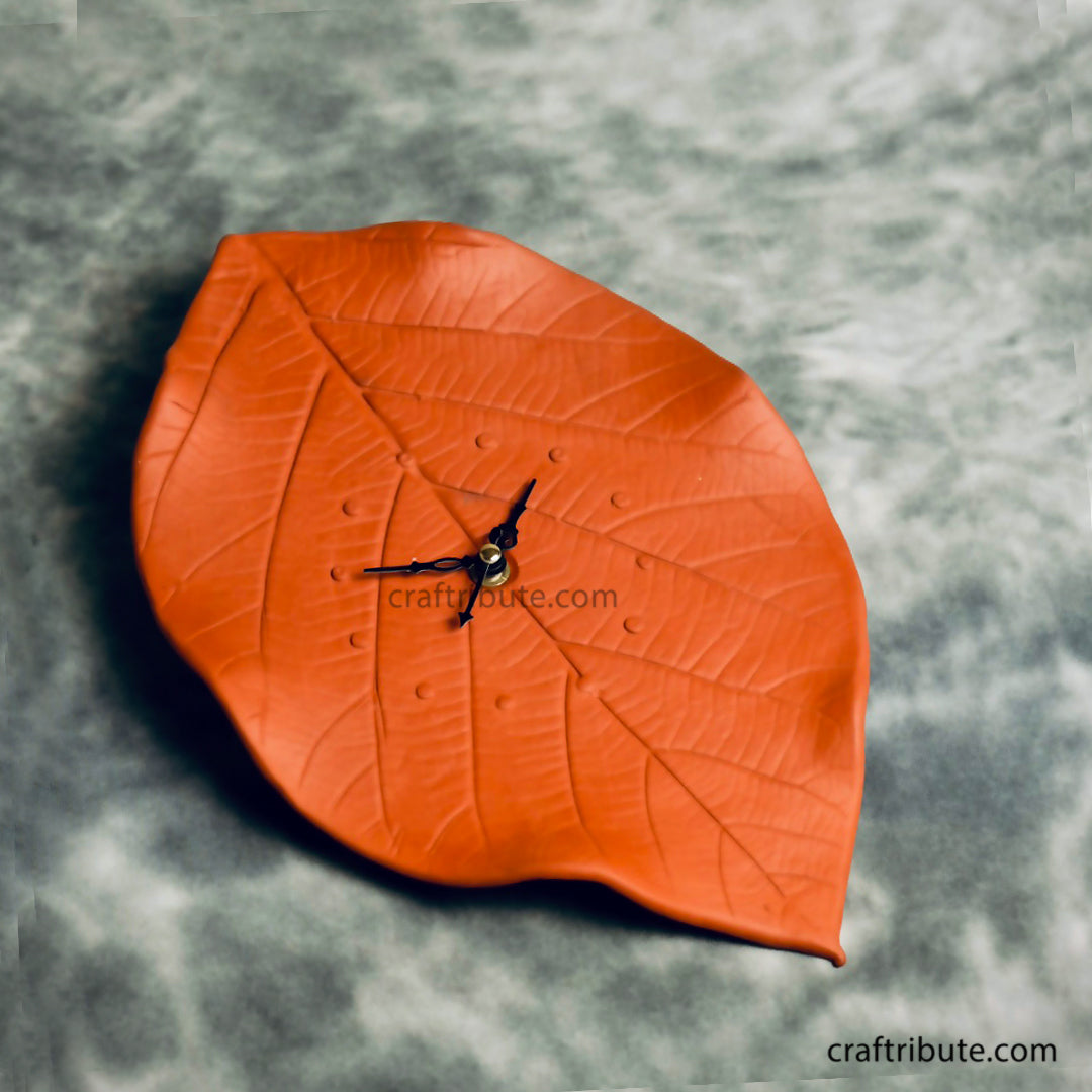 Terracotta Handcrafted Wall Clock - Teak Leaf Imprint - 29.5 cm x 19 cm ...